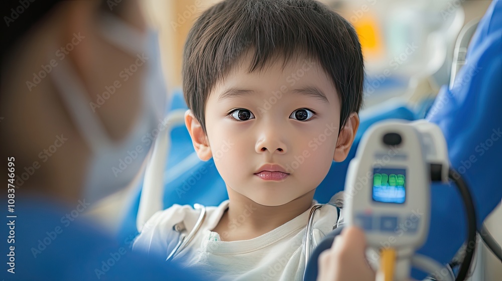 A child having their oxygen levels checked with a pulse oximeter ...
