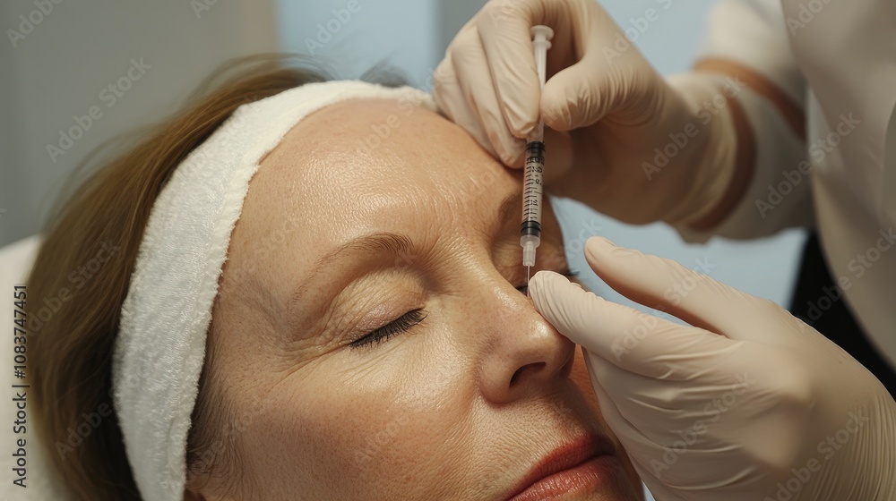 A client undergoing Botox treatment to reduce dynamic wrinkles, with a ...