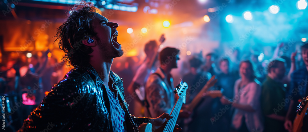 lively concert scene with retro neon 80s theme, featuring passionate ...