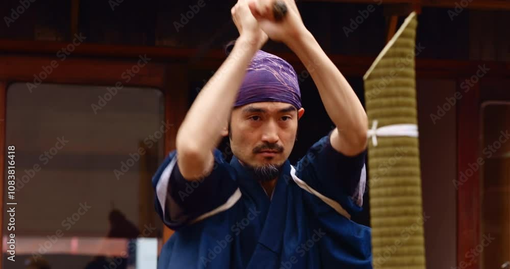 Japanese man, samurai and sword for martial arts, tradition and ...