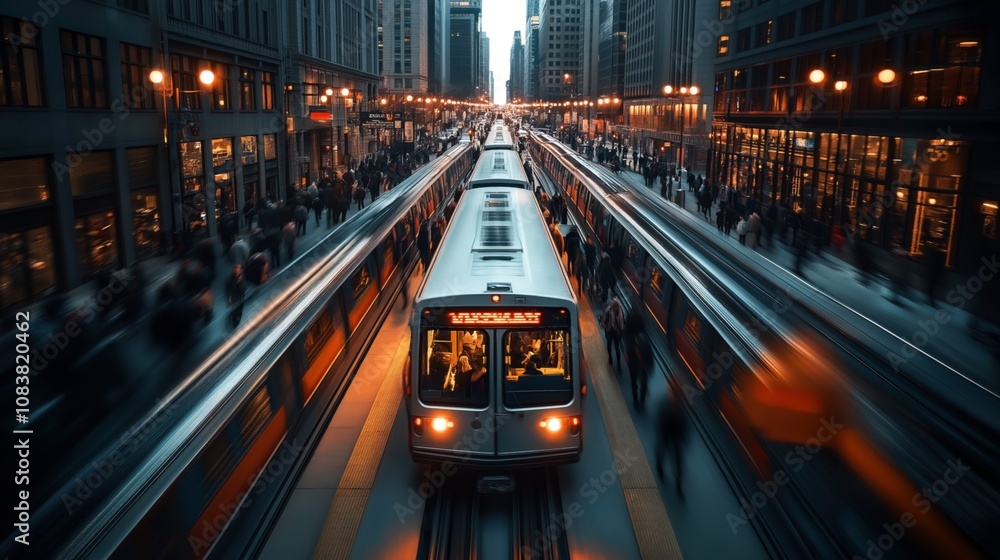 Busy urban train station with multiple trains and commuters during ...