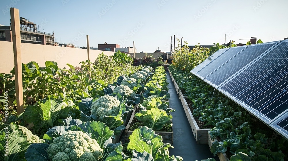 Calm rooftop garden with rows of lush cauliflower Brassica oleracea var ...