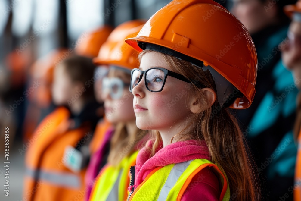Young girl in safety gear stands proud. She wears an orange hard hat ...