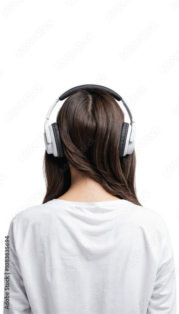 back view of women wearing wireless headphone on transparent white ...