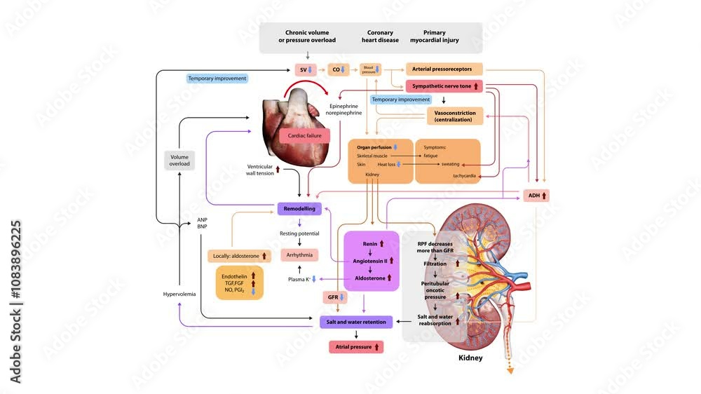 pathophysiology of heart failure, detailing mechanisms like volume ...