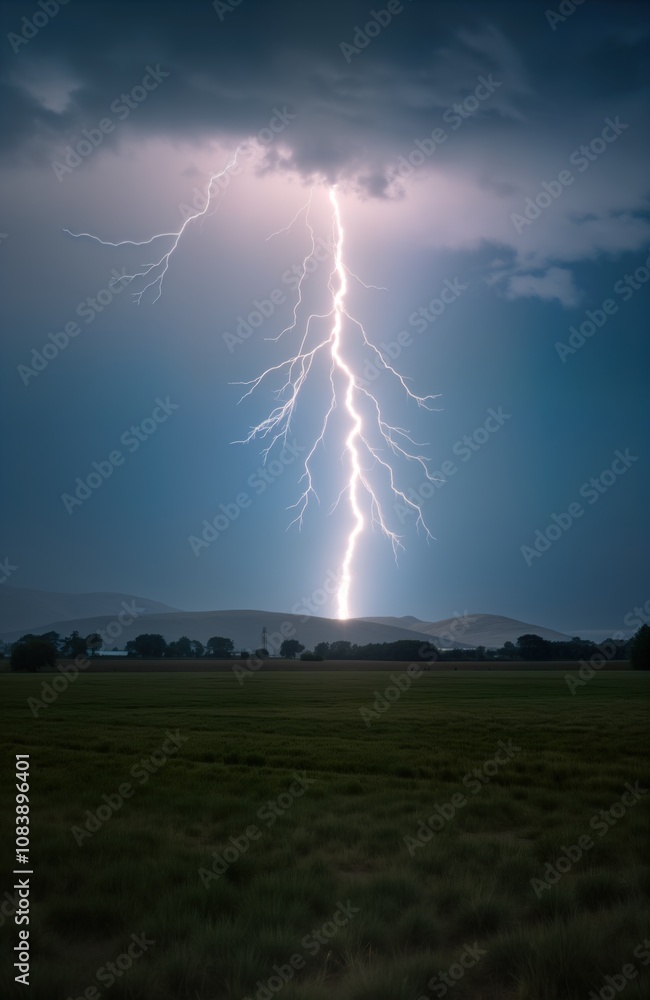 Dramatic lightning strike illuminates rural landscape. Powerful storm ...