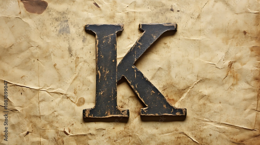 Vintage letter K in distressed typewriter font, placed on an aged paper ...