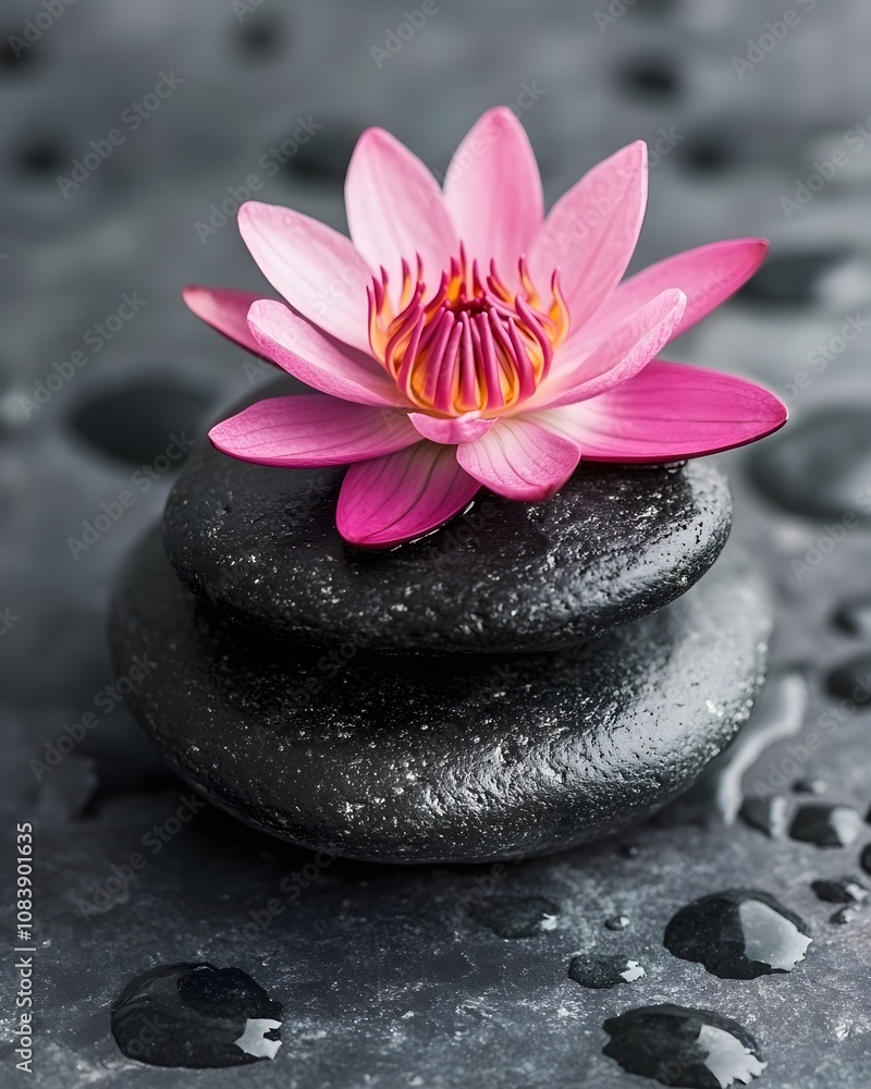Black and gray rocks stacked on top of each other with a pink lotus ...