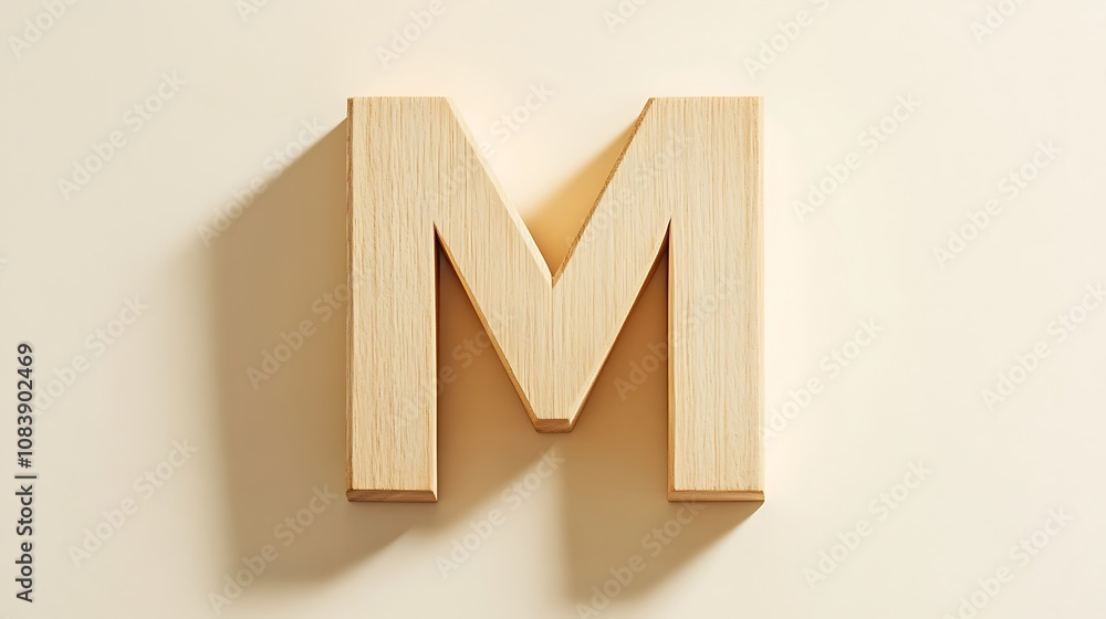 Wooden block letter M casting a soft shadow on a light beige background ...