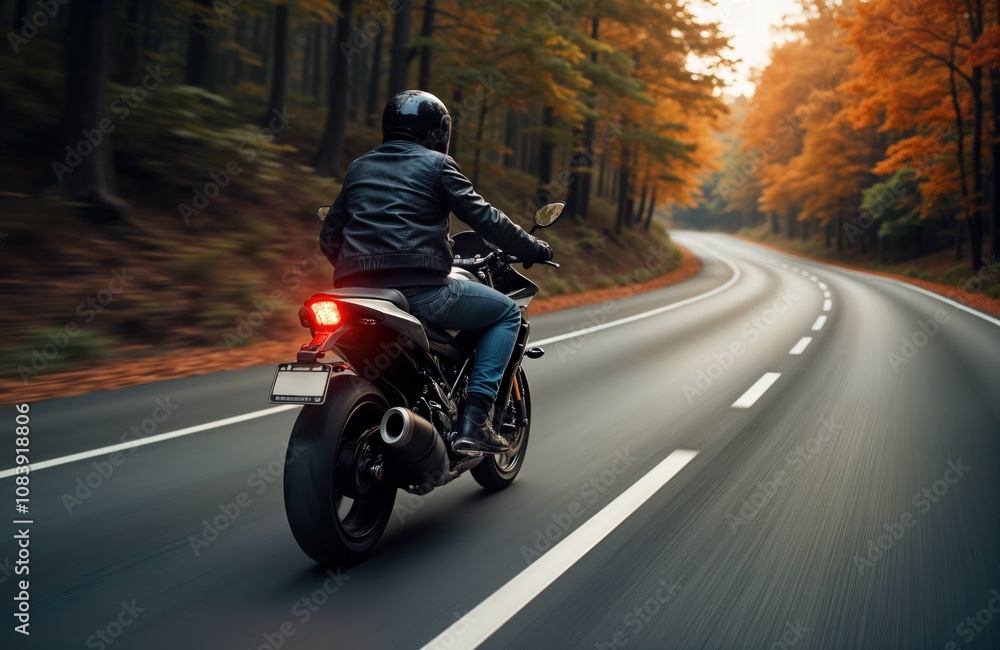 Man rides motorcycle on autumn road. Autumn leaves line road. Road ...