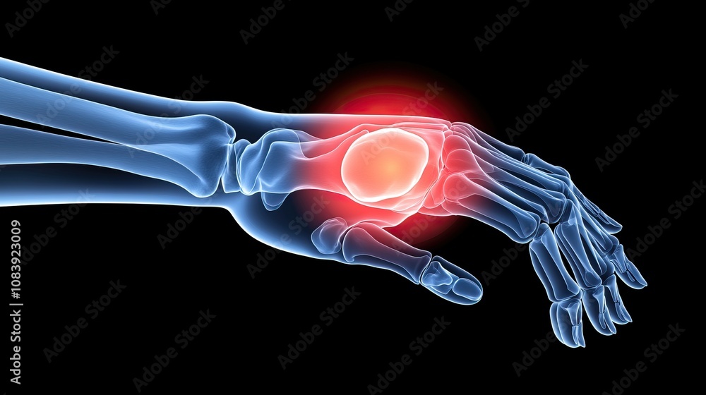 Joint pain in the hand is depicted with X-ray details, glowing areas ...