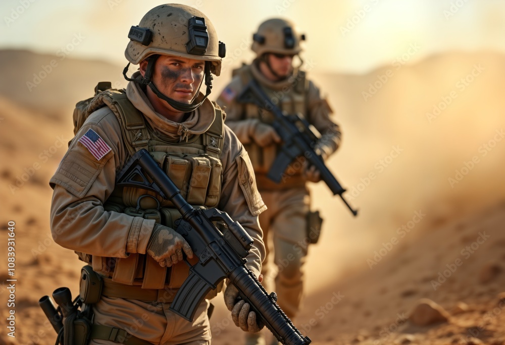 Soldiers in desert terrain. Military personnel in combat gear walking ...