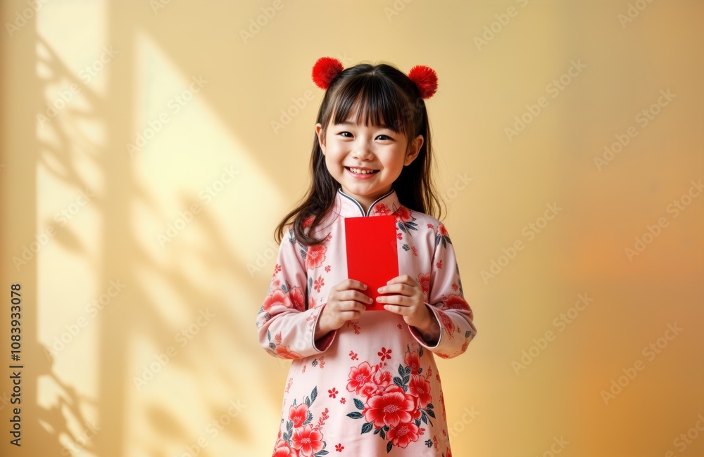 Foto de Cute little Asian girl wearing traditional Chinese dress smiles ...