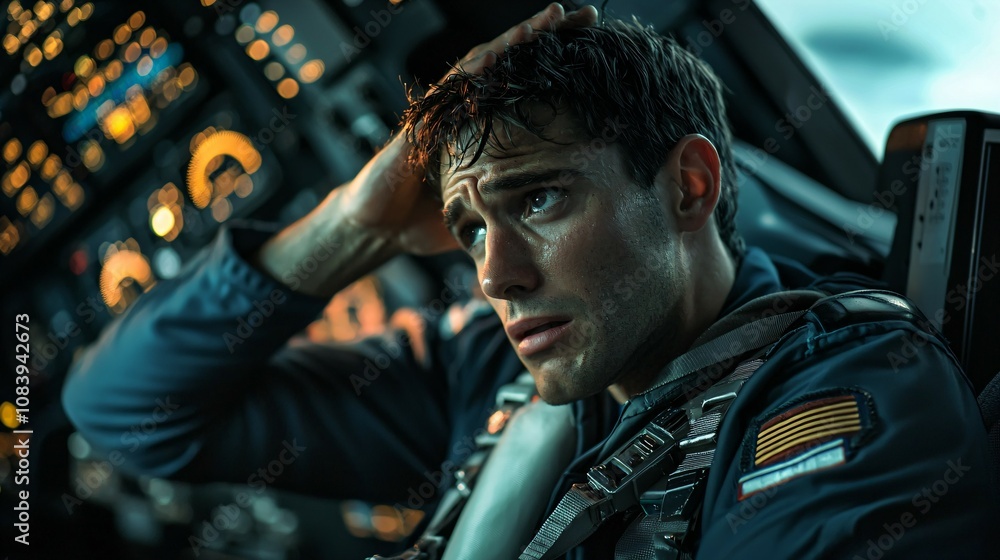 Pilot sitting in cockpit, looking frustrated and holding head ...