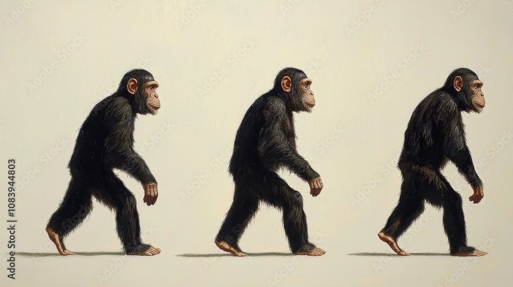 A depiction of evolutionary progression, showing three stages of ape ...