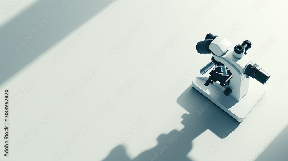 Science banner with minimalist layout of microscope on white surface ...