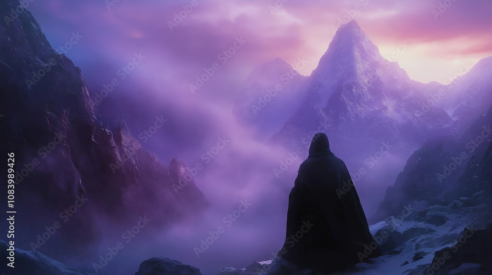ambient fantasy scenery of mysterious mage in black robe walking in ...