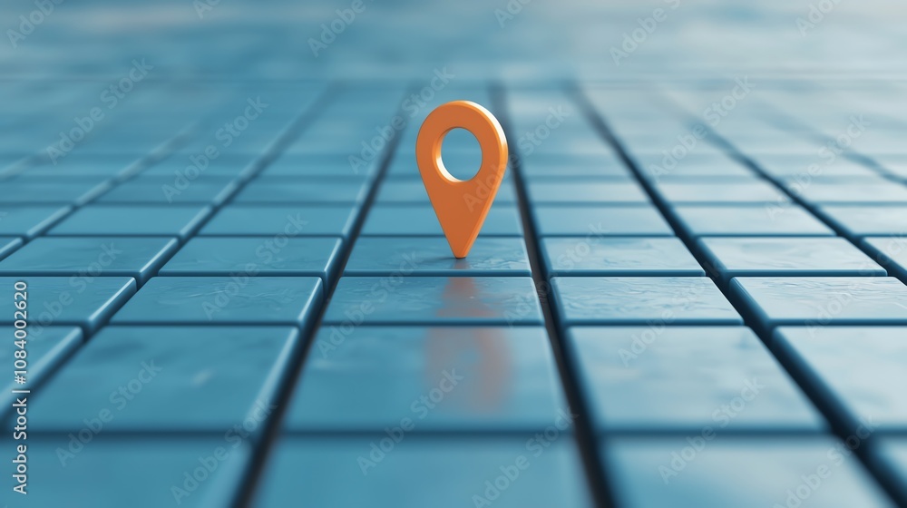 Orange map pin on a blue grid surface representing location, navigation ...