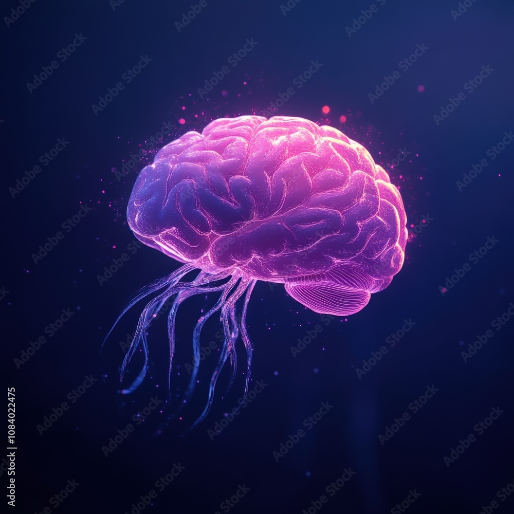 a digital representation of a brain with glowing jellyfish-like ...