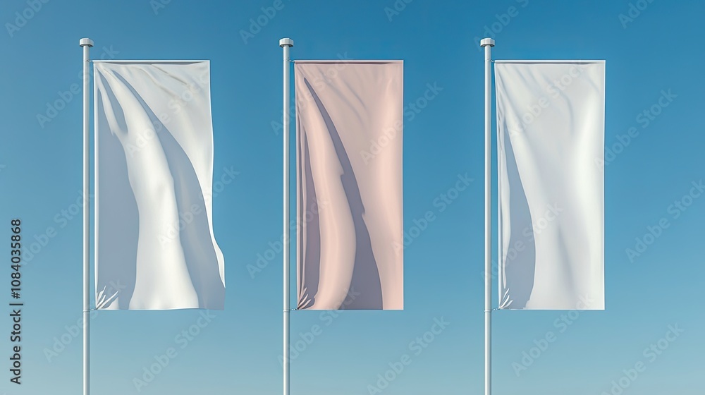 White pennant flags mockup, blank vertical banners on flagpole with ...