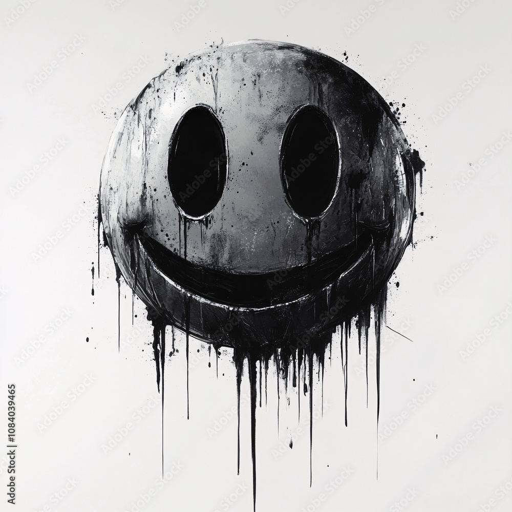 Grunge Spray Painting of a Dripping Sad Smiley Face in Black and White ...