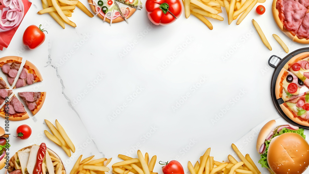 Junk food double border over a white marble banner background ...