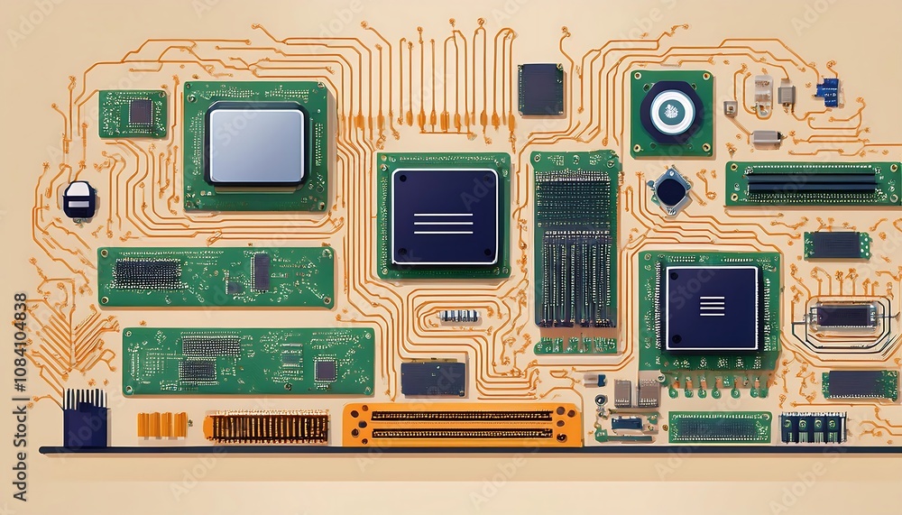 Circuit boards and computer hardware components on a light beige ...