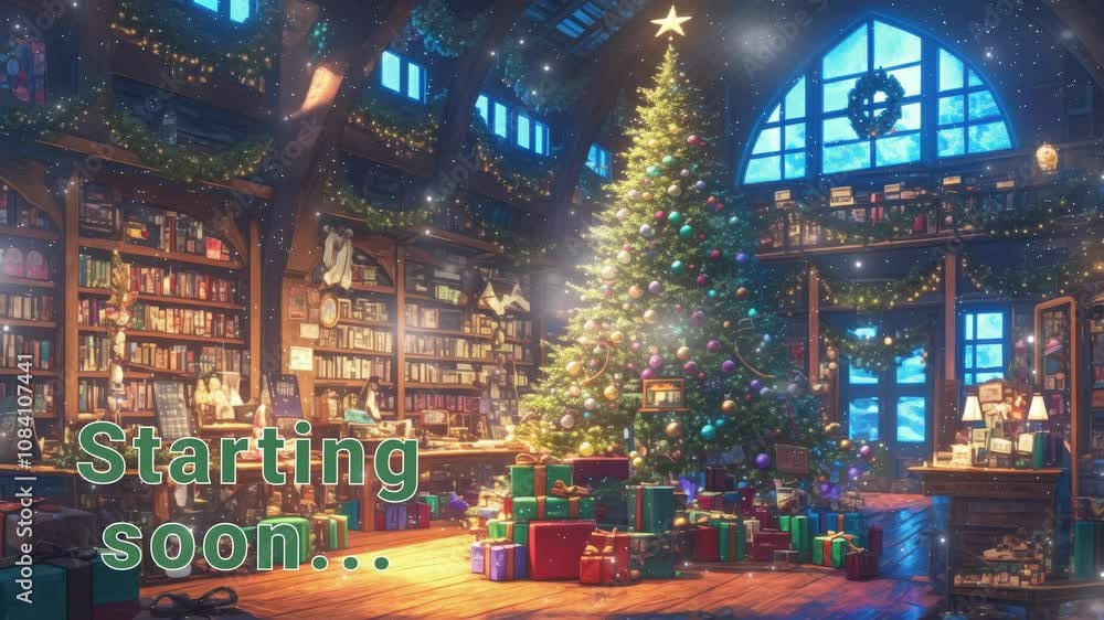 Video Stock festive library adorned with sparkling lights and grand ...
