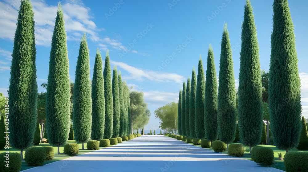 Avenue with Cypress Trees in Sunlight, Formal Garden Path with Cypress ...