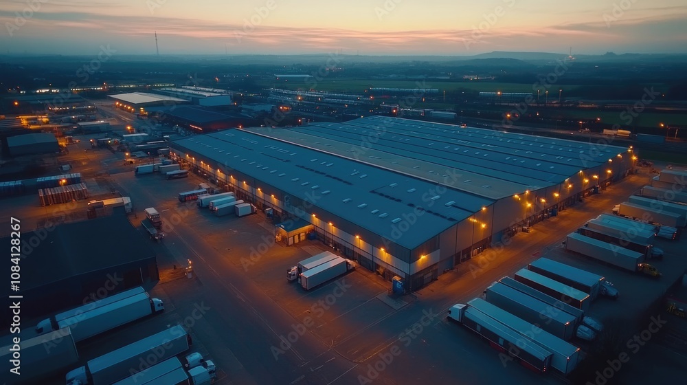 Aerial view logistics warehouse. Rows of trucks parked outside, ready ...