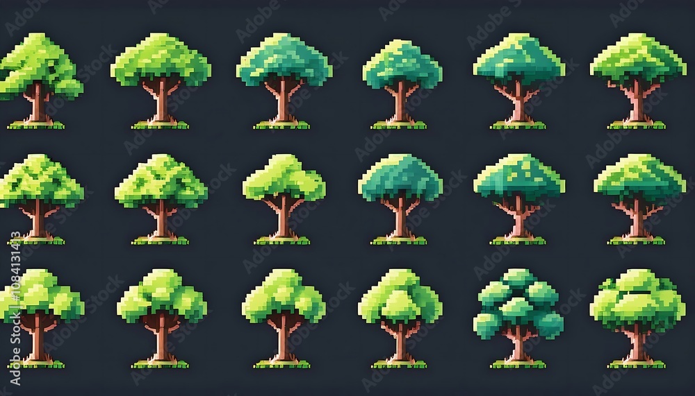 Poster Retro video game assets include pixelated tree sprites and ...