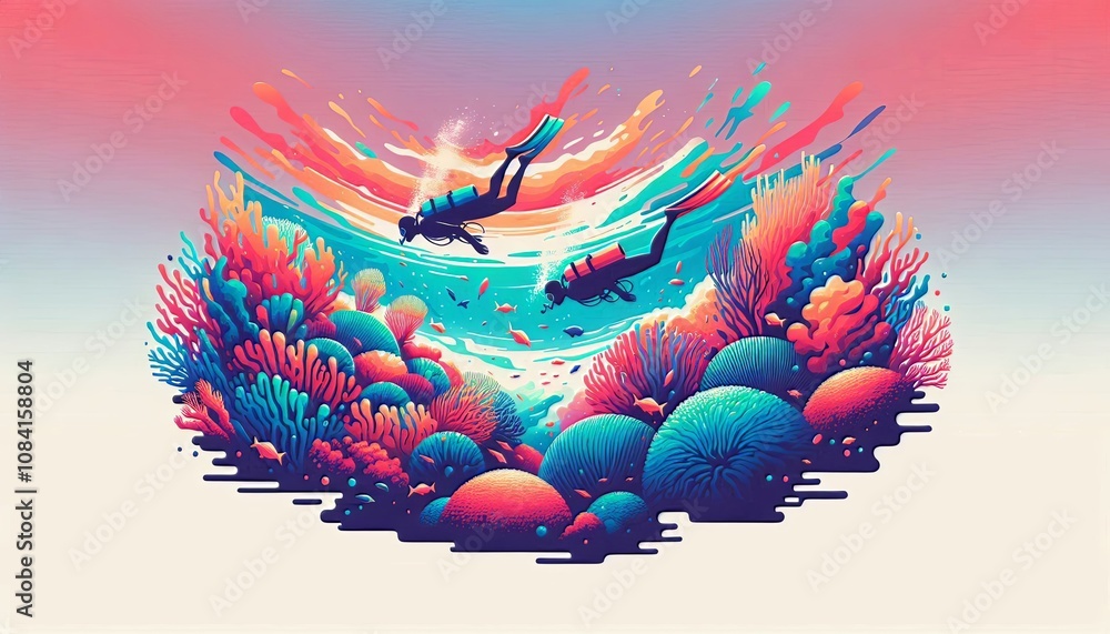 Vibrant underwater illustration depicting divers exploring a colorful ...