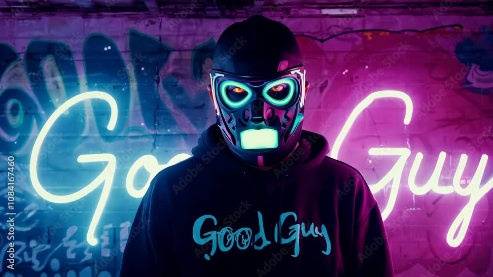 A person in a dark mask with glowing neon eyes and 'Good Guy' graffiti ...