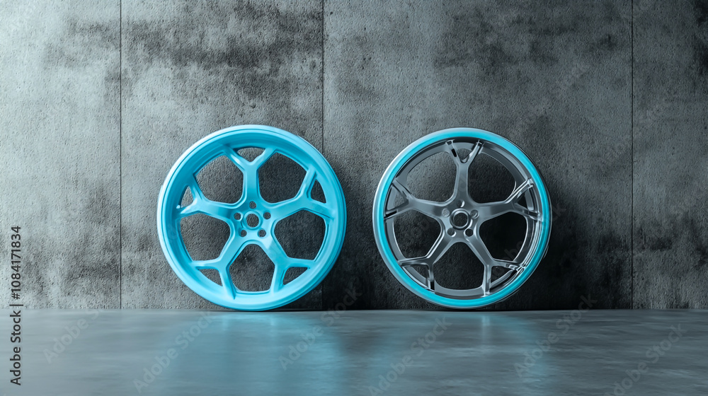 3D of two wheels leaning against the wall. The left one is light blue ...