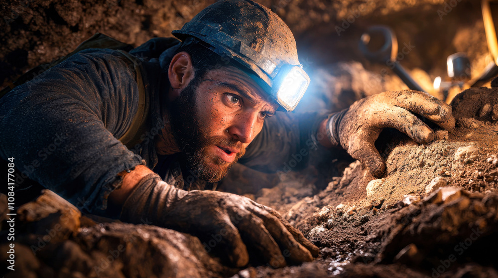 mining engineer inspects underground tunnels, showcasing determination ...