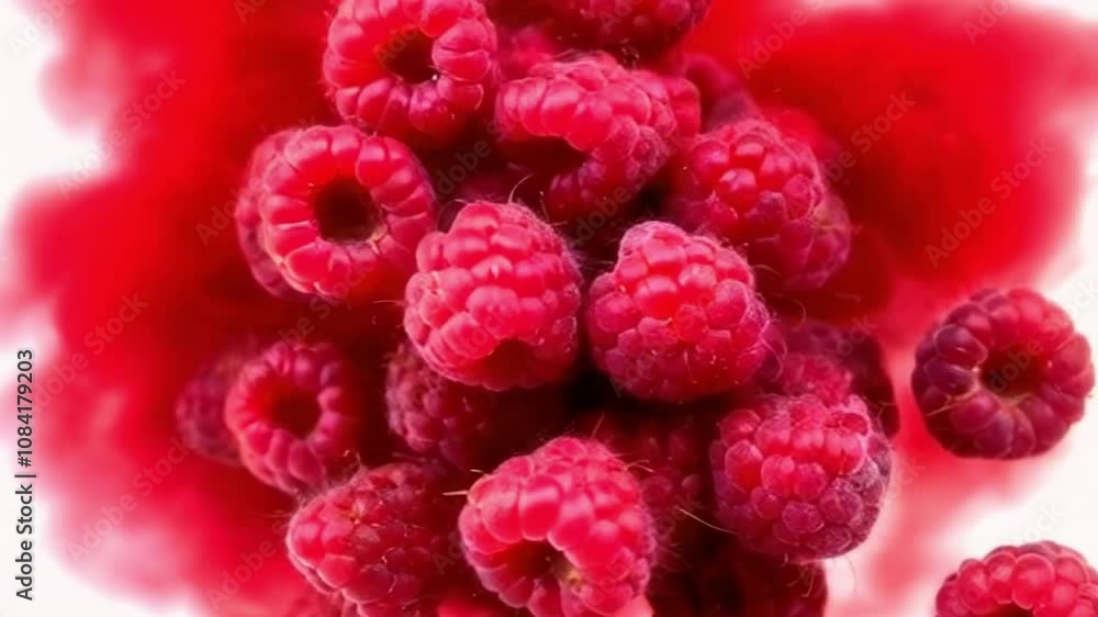A cluster of vibrant raspberries flies through the air, surrounded by a ...