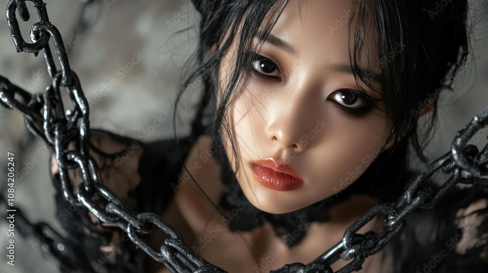 Asian woman beautiful model black witch costume is shackled in chains ...
