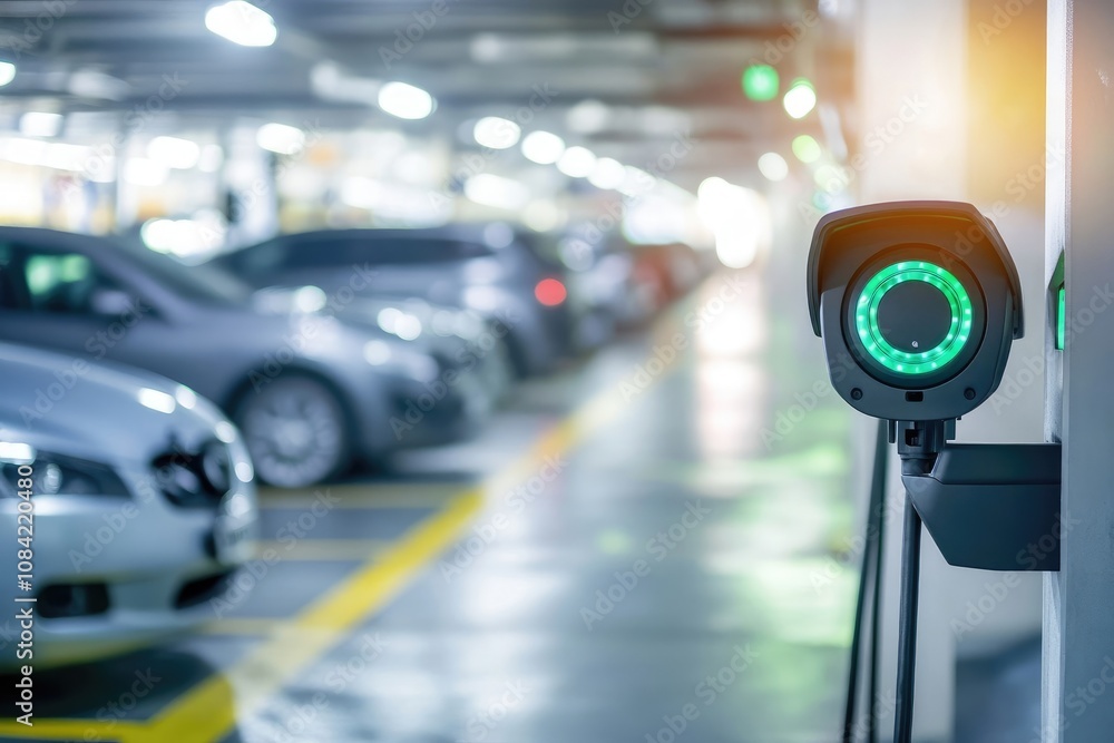 Close-up of a CCTV camera on a wall in a car park, cars charging at an ...