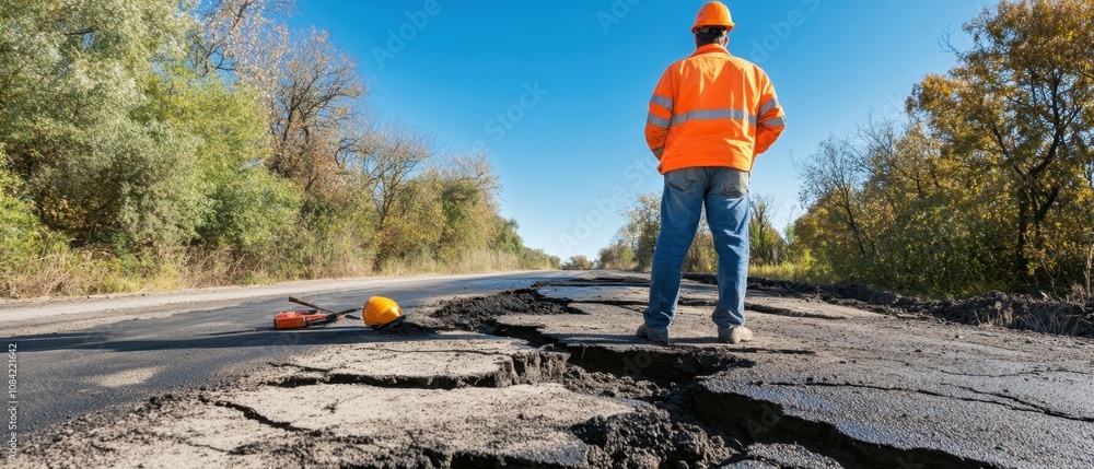 Highway maintenance worker surveying damaged road section, tools ...