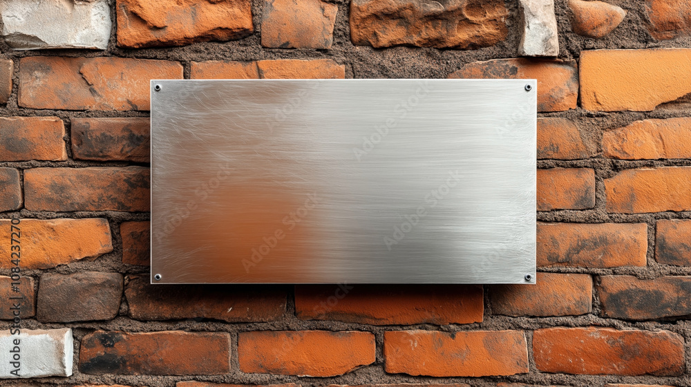 Brushed metal rectangular plaque mounted on a red brick wall with ...