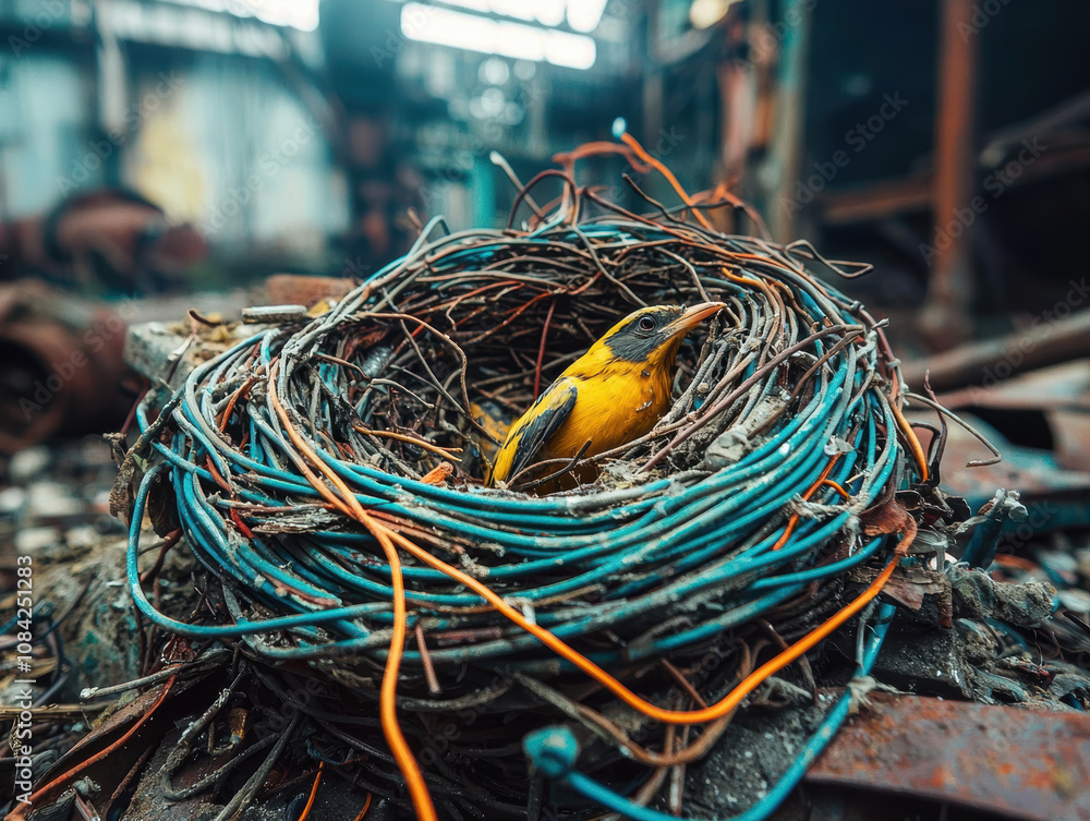 Bird nested among colourful electrical wires in an abandoned industrial ...