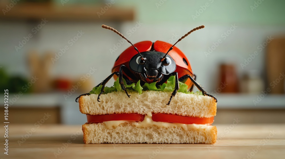 An imaginative sandwich featuring a giant ladybug, blending food and ...