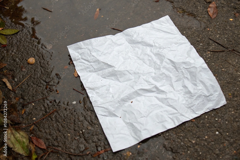 Overhead view of wet crumpled paper surface, rough patches, sticky mess ...