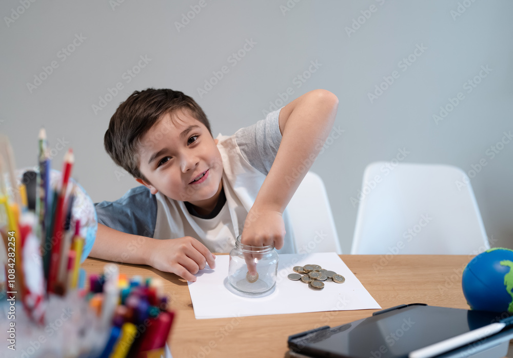 Education concept,School Kid counting money coins and putting into jar ...