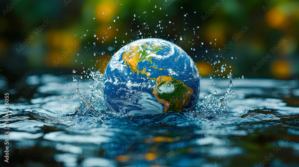 Earth splashing into water with droplets around, representing ...