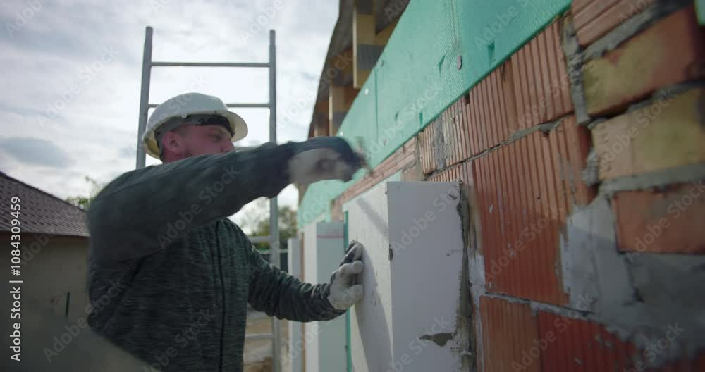 Securing insulation panel on exterior wall, construction worker with ...