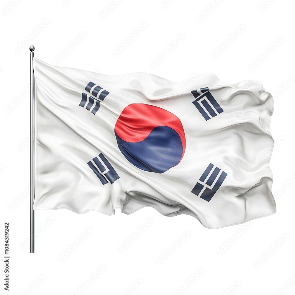 The image depicts the flag of South Korea, featuring a central yin-yang ...