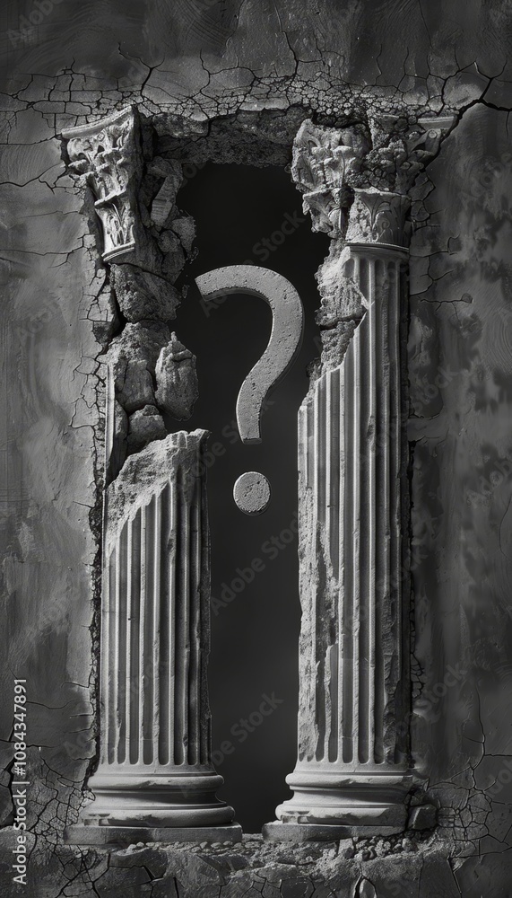 Dramatic stone question mark sculpture splits two columns, capturing ...