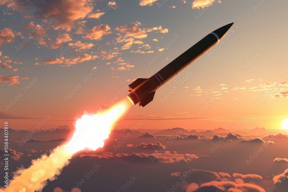 Powerful intercontinental ballistic missile is launching at sunset ...