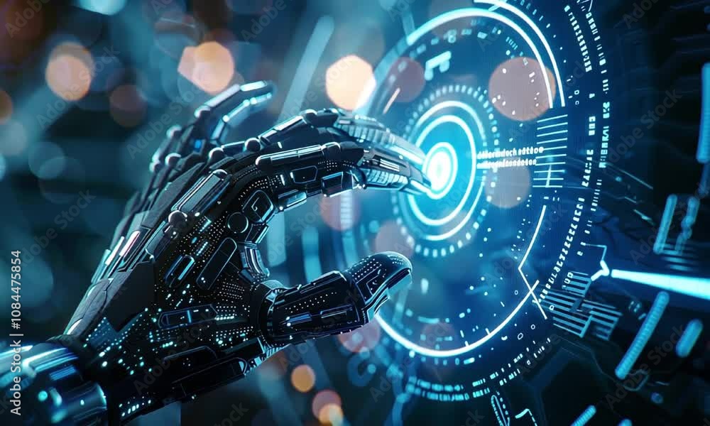 Robotic hand interacting with holographic interface video animation, ai ...